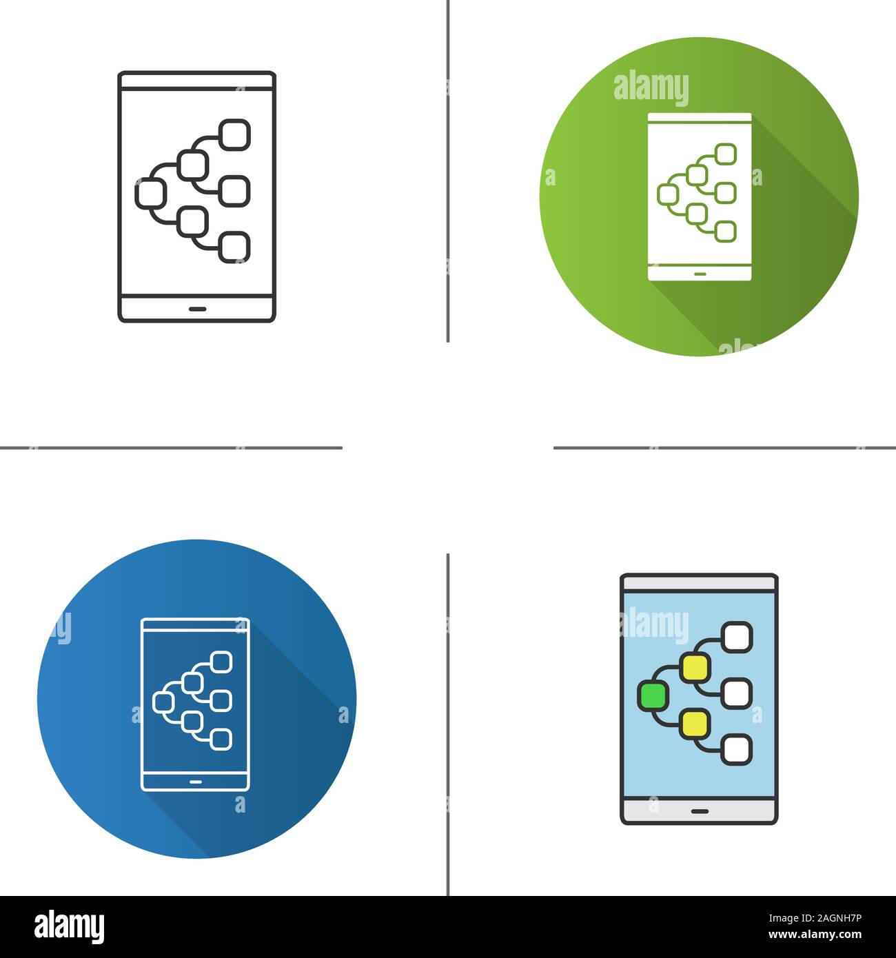 Content sharing app icon. Smartphone screen with hierarchy sign. Flat ...