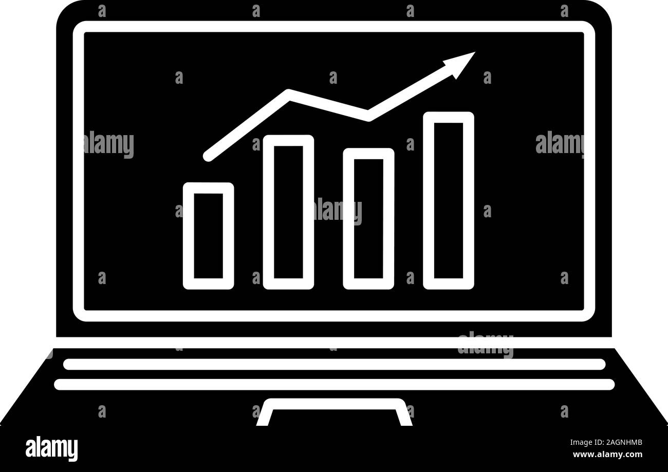Statistics glyph icon. Laptop display with market growth chart ...