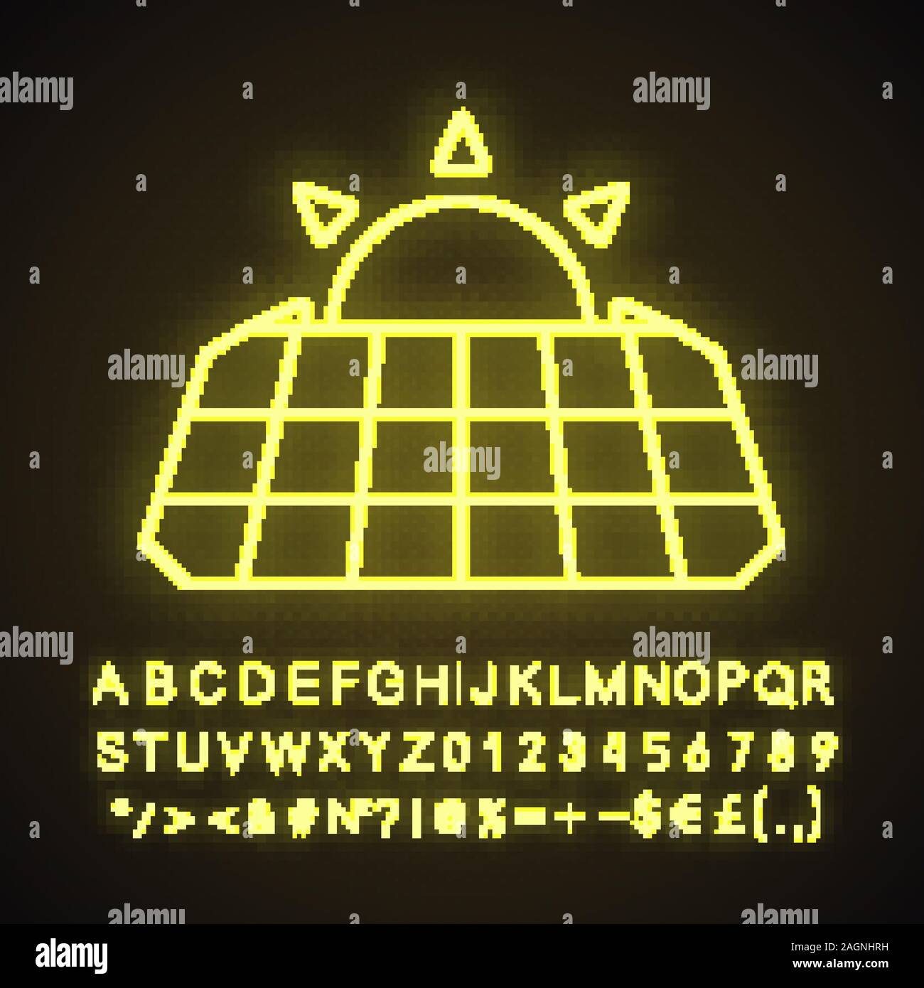 Solar panels with rising sun neon light icon. Eco energy. Glowing sign ...