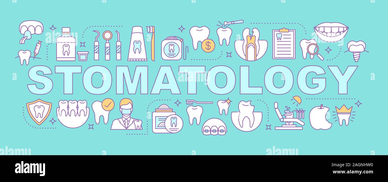 Dentistry word concepts banner. Stomatology. Teeth problems diagnostics and treatment. Dental ...