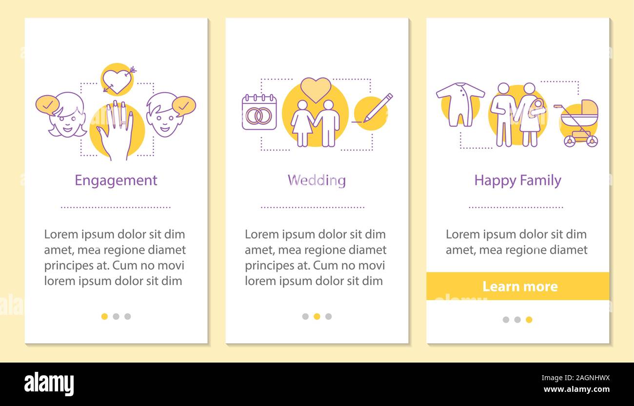 Family life cycle onboarding mobile app page screen with linear concepts. Engagement, wedding ...