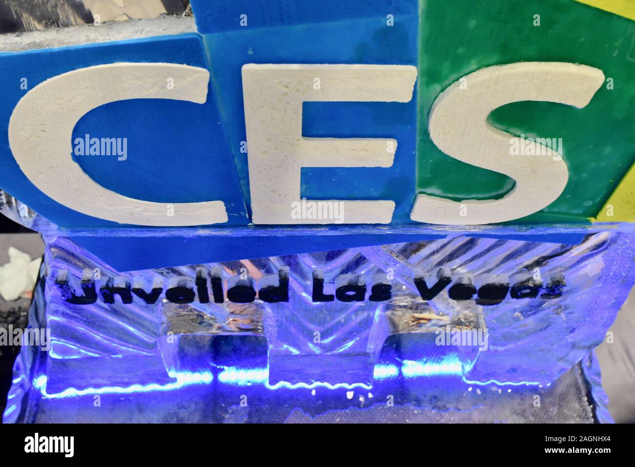 Ice sculpture with logo of CES Unveiled special showcase event held at ...