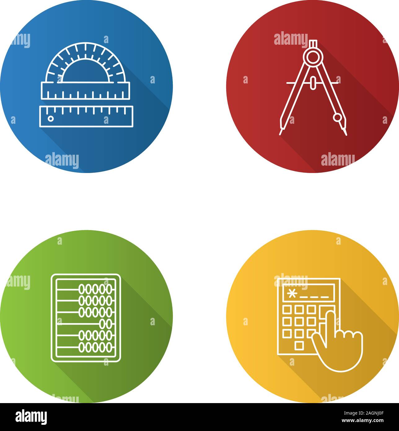 Mathematics flat linear long shadow icons set. Protractor, ruler ...