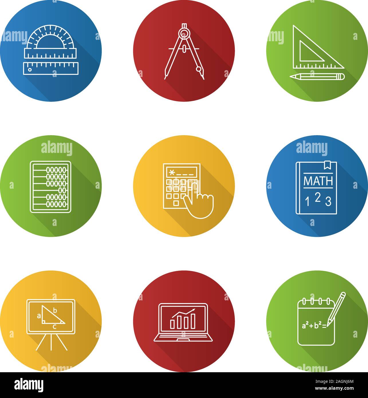 Mathematics flat linear long shadow icons set. Geometry and algebra ...