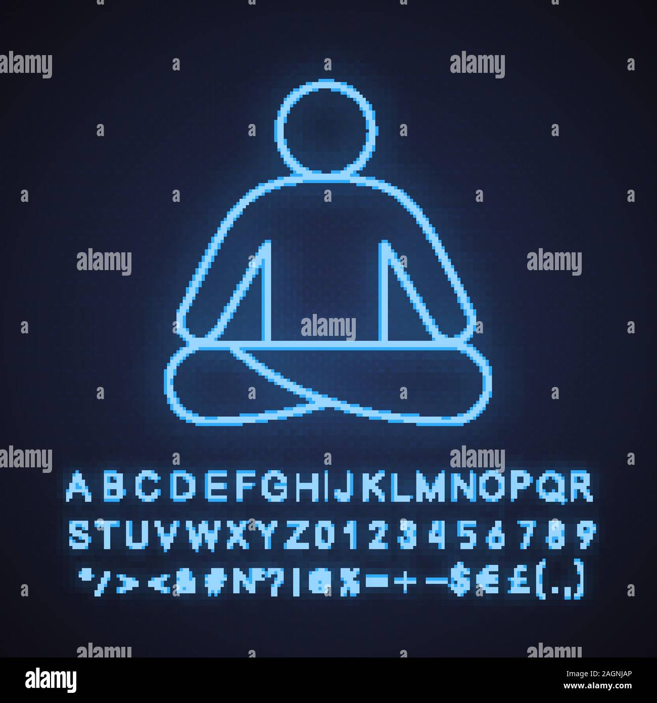 Yoga position neon light icon. Yoga class. Glowing sign with alphabet ...