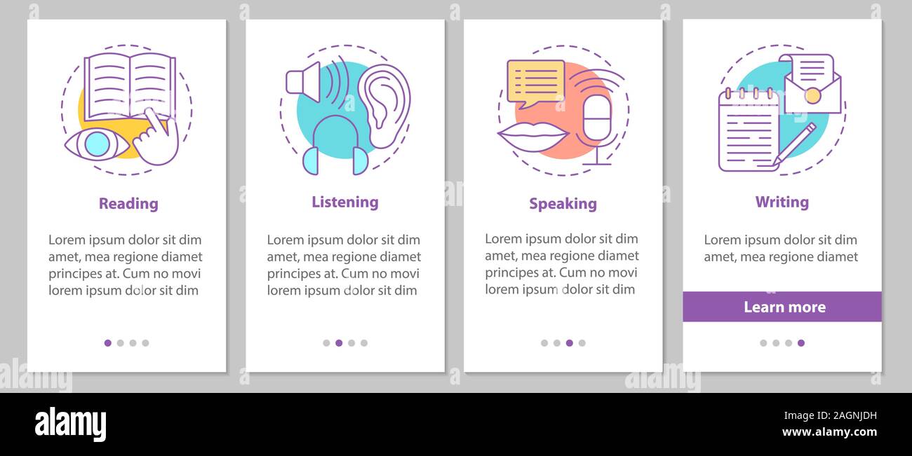 Basic language skills onboarding mobile app page screen with linear concepts. Reading, writing ...