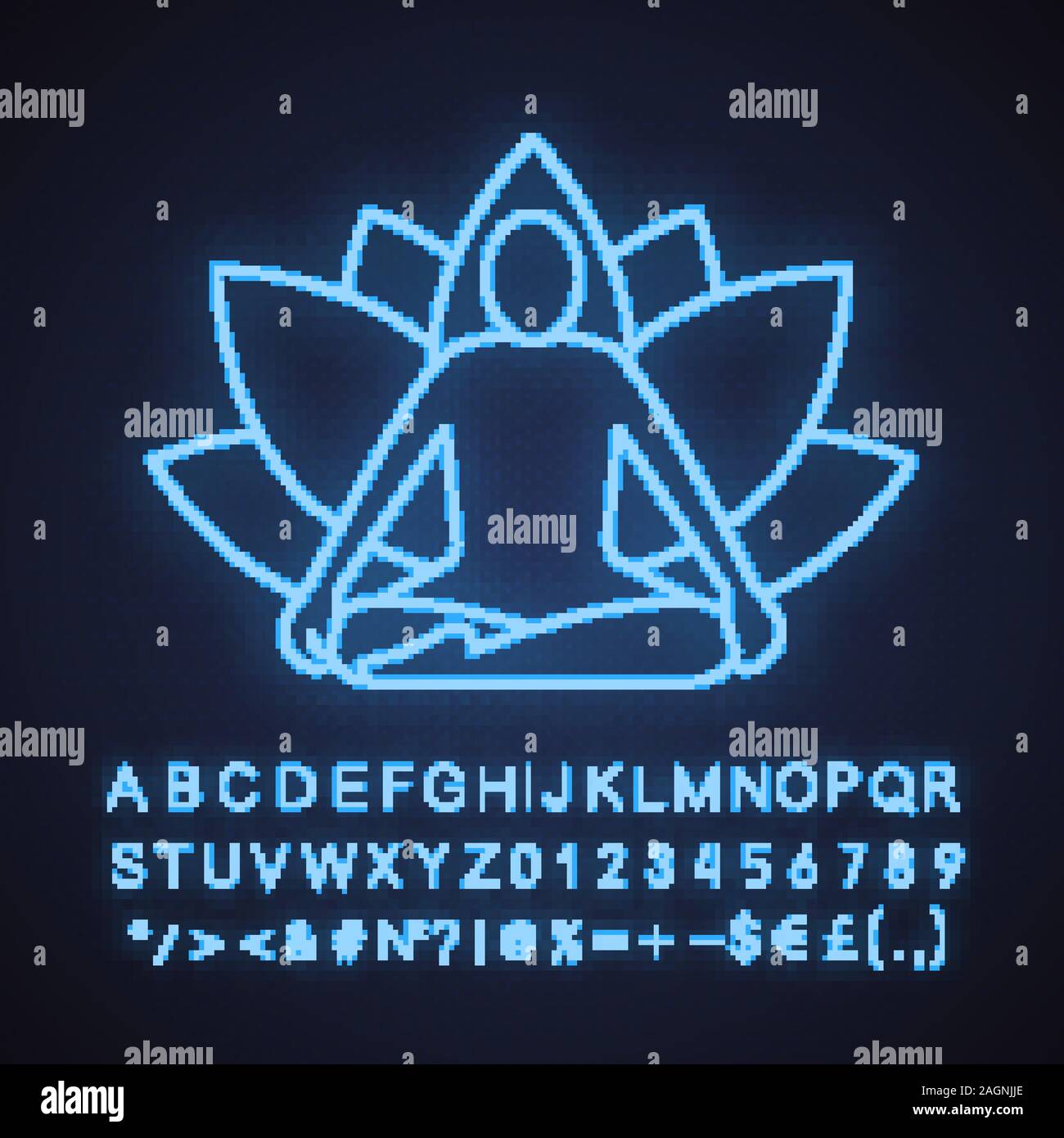 Yoga position neon light icon. Yoga class. Glowing sign with alphabet ...