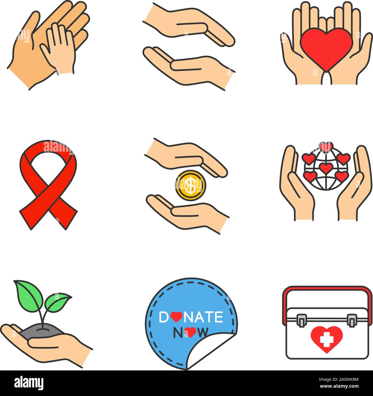 Charity color icons set. Helping hands, donate now sticker, Earth ...