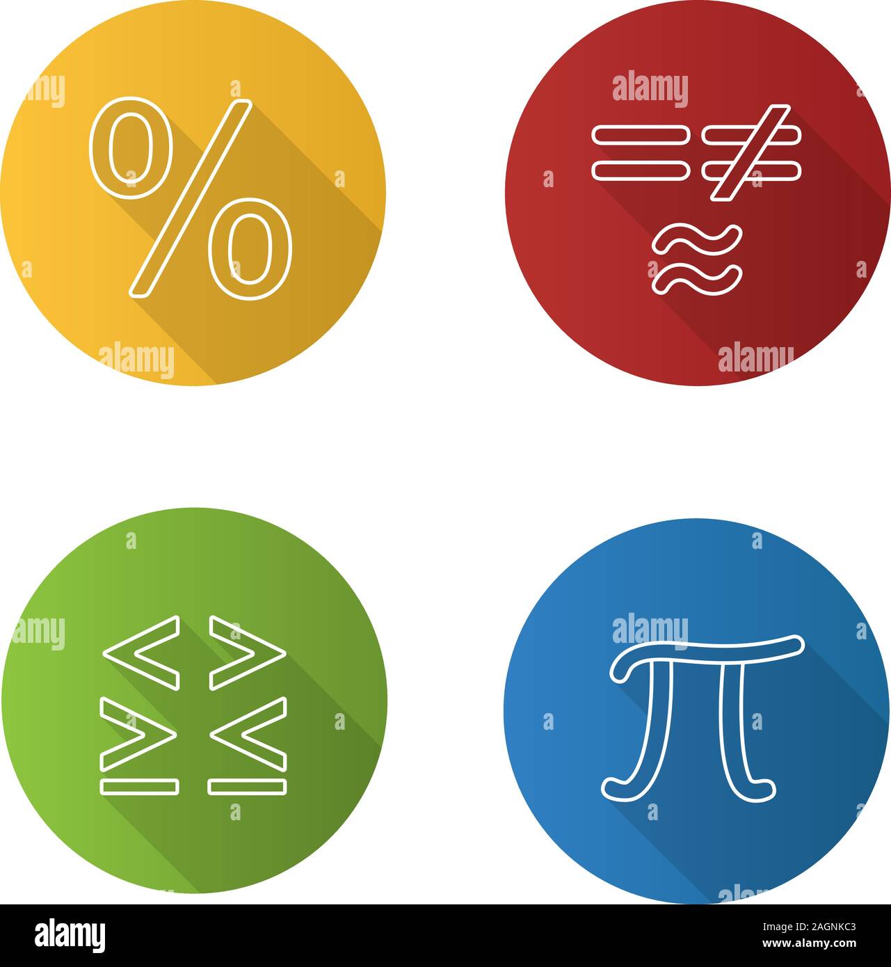 Mathematics flat linear long shadow icons set. Pi, percent, equality ...