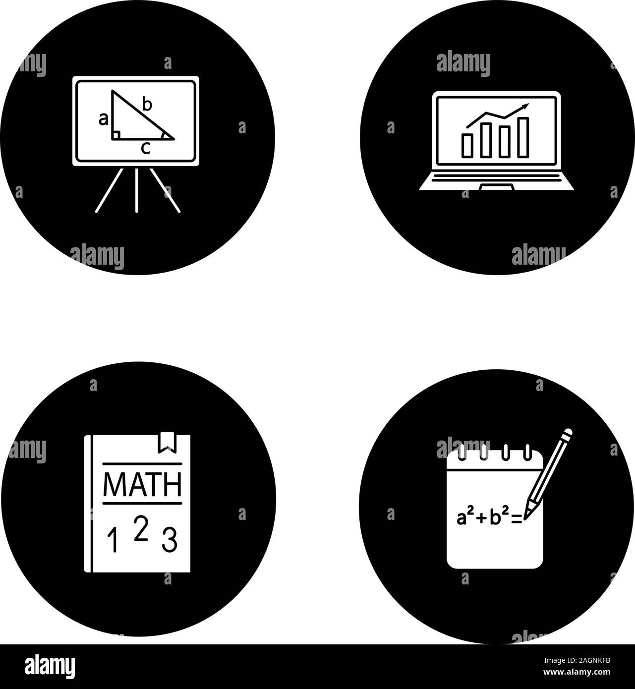 Mathematics glyph icons set. Rough draft, math textbook, whiteboard ...