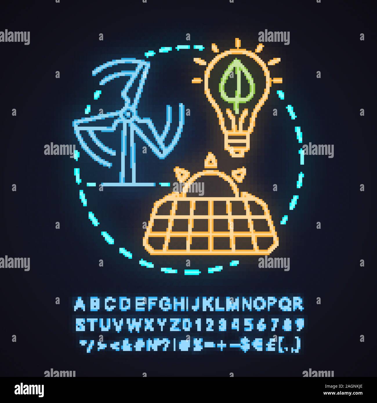 Alternative energy neon light concept icon. Wind and solar electric ...