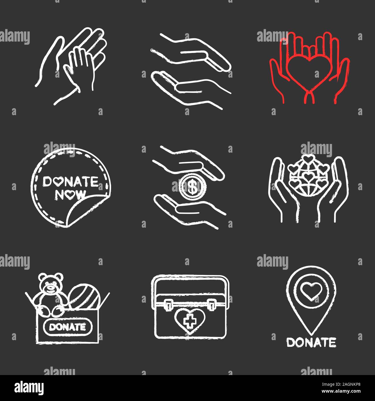 Charity chalk icons set. Helping hands, donate now sticker, Earth ...