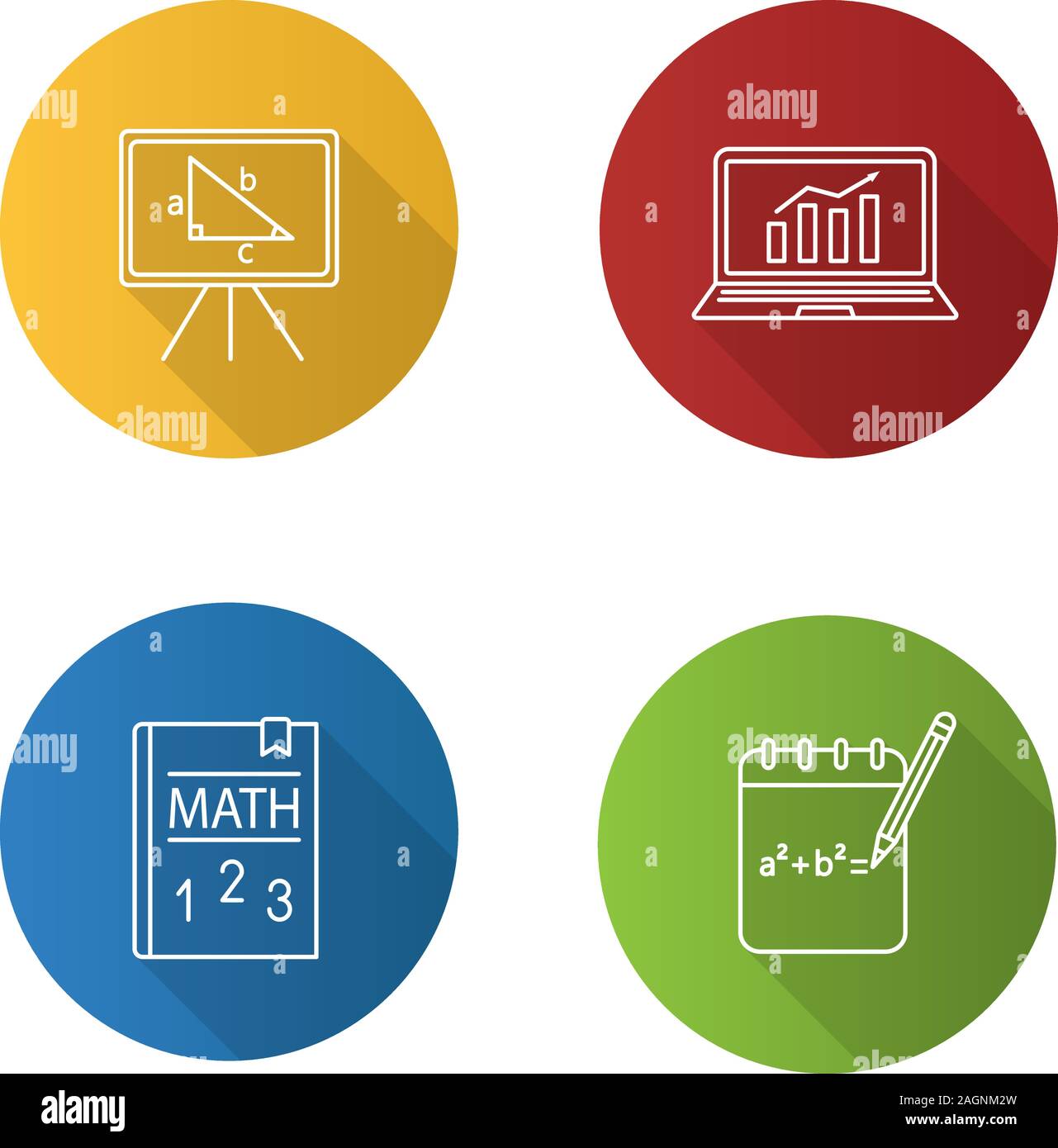 Mathematics flat linear long shadow icons set. Rough draft, math ...