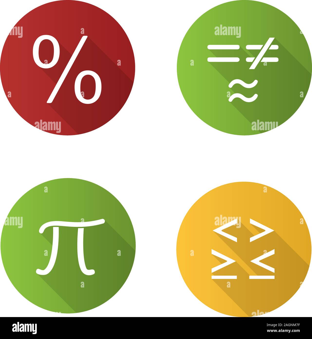 Mathematics flat design long shadow glyph icons set. Pi, percent ...