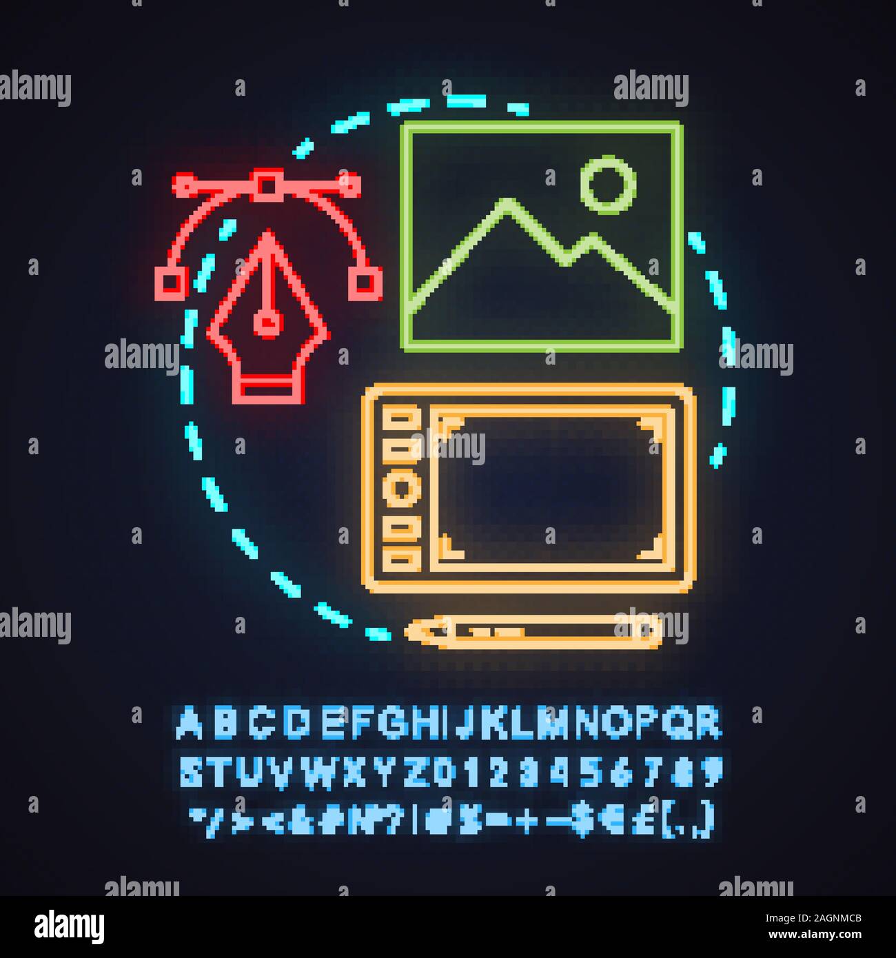 Designing process neon light concept icon. Digital drawing idea ...