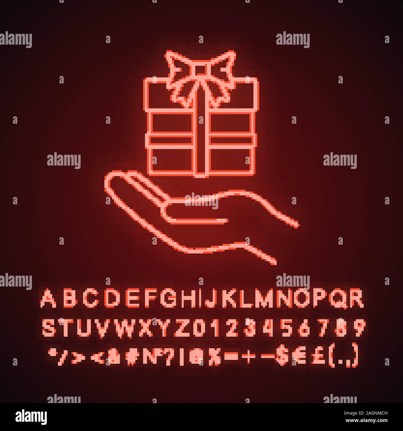 Present neon light icon. Glowing sign. Open hand with gift box. Giving ...