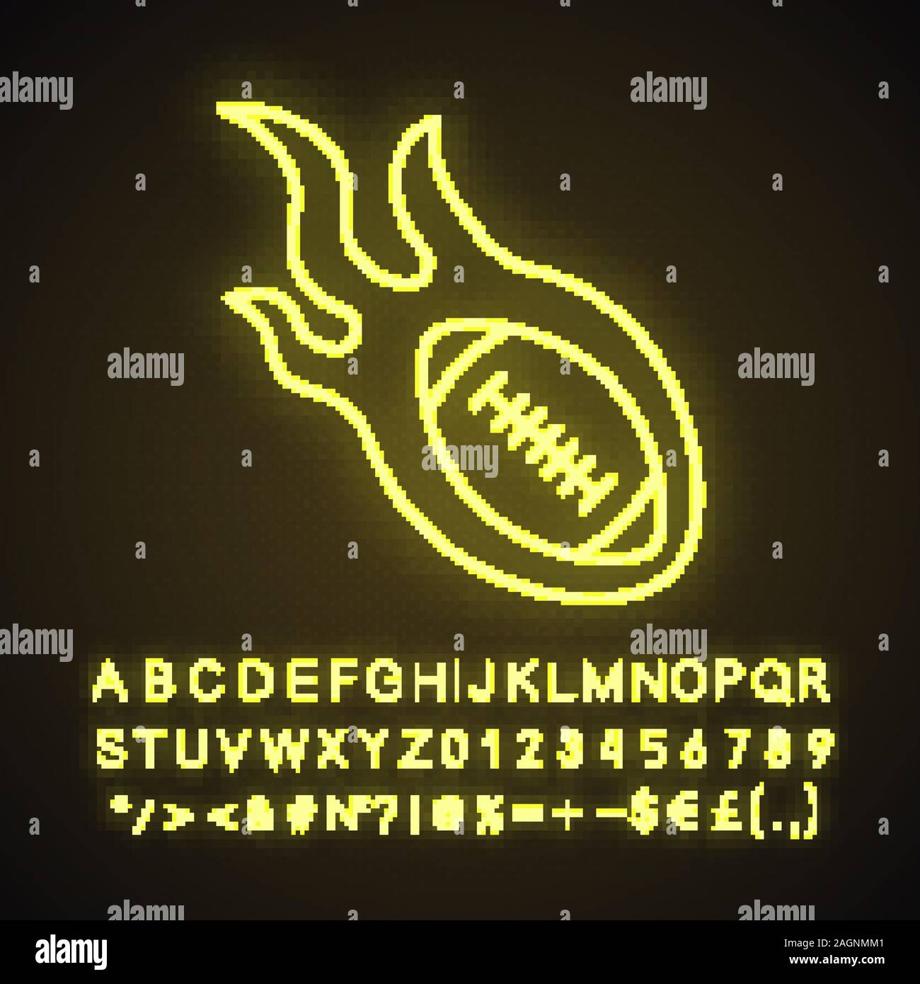 Burning rugby ball neon light icon. Glowing sign with alphabet, numbers ...
