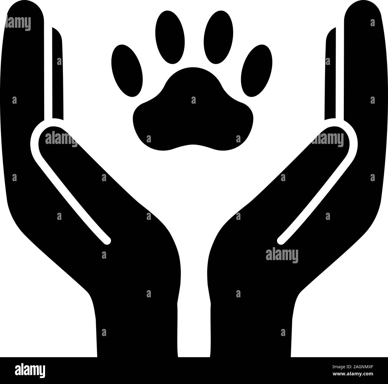 Animal welfare glyph icon. Silhouette symbol. Hands holding paw. Pets ...