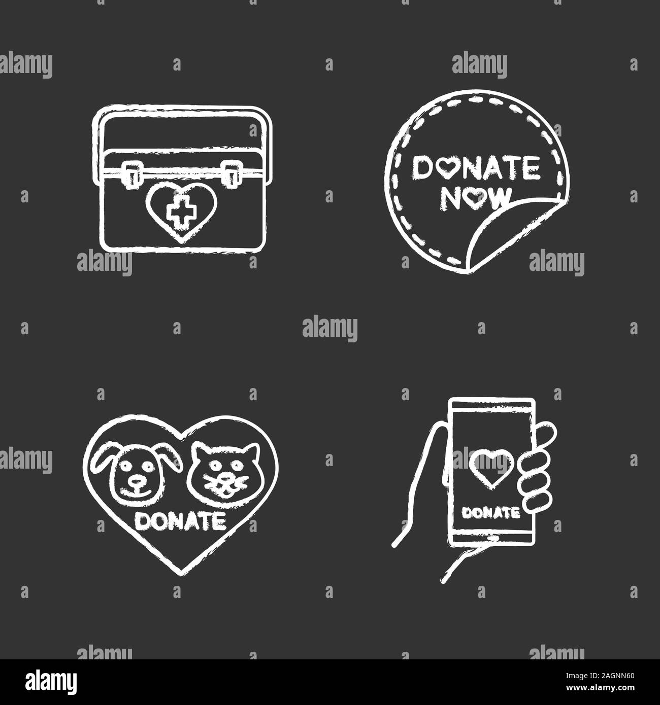 Charity chalk icons set. Organ donation, charity for pets, donate now ...