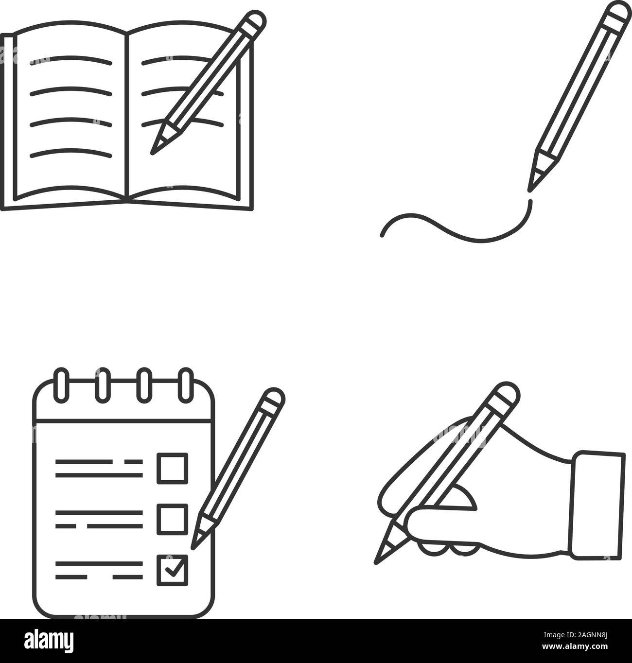 Writing with pencil linear icons set. Copy book, drawing, to do list ...