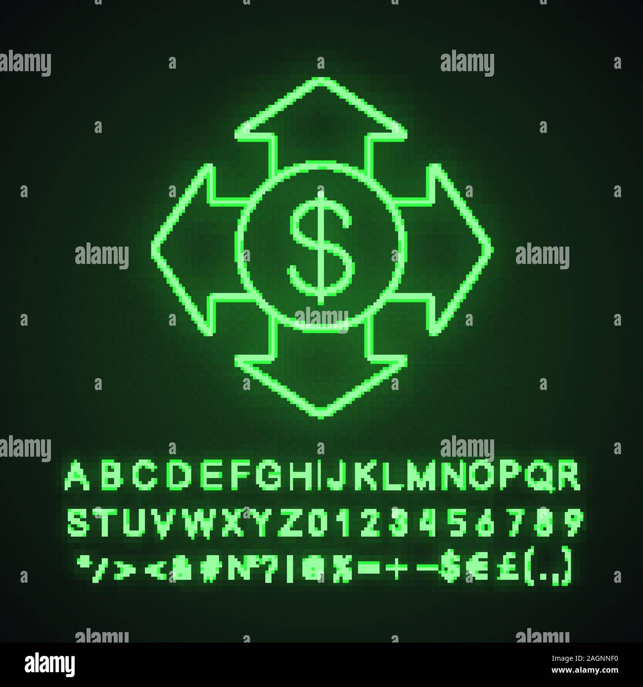 Money spending neon light icon. Expanses. USA dollar with all direction ...