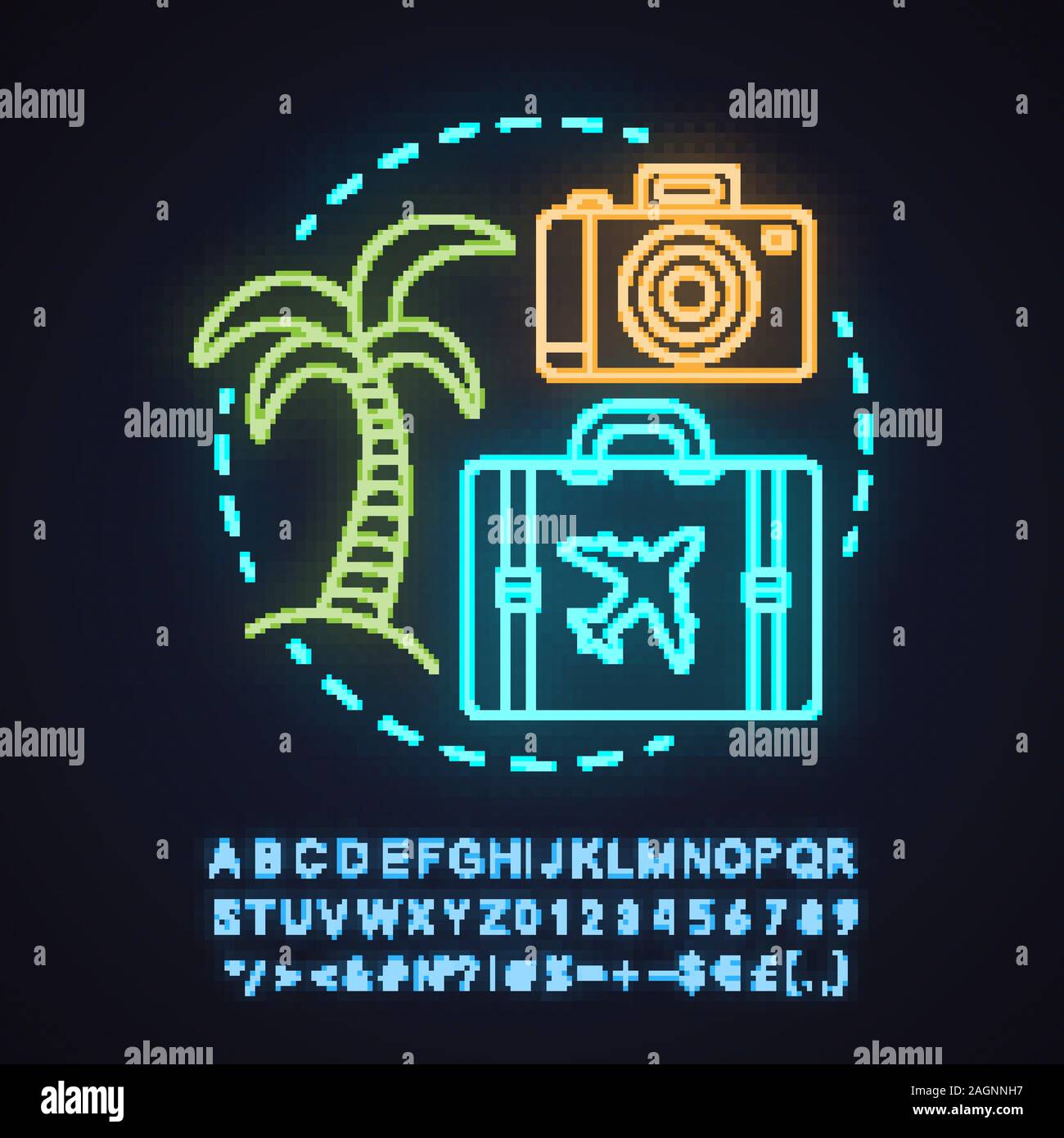 Travel agency neon light concept icon. Summer rest idea. Vacation. Sea ...