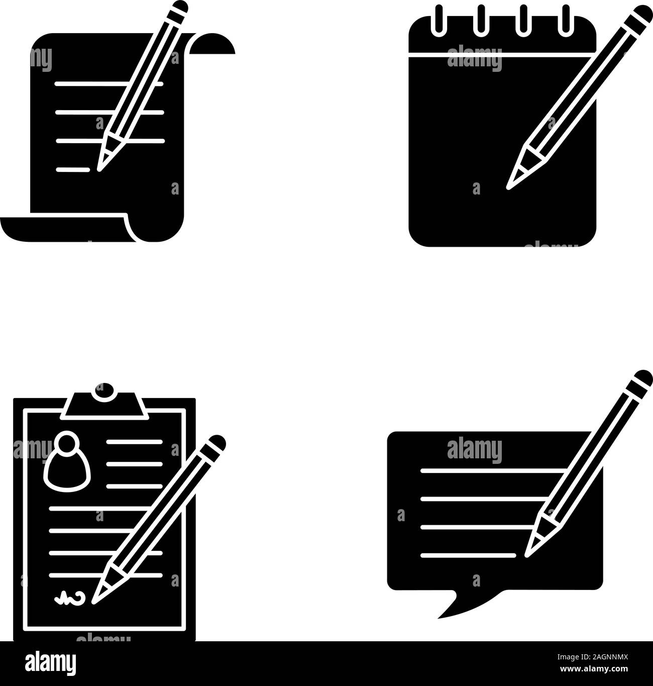 Writing with pencil glyph icons set. Paper scroll, notepad, signed ...