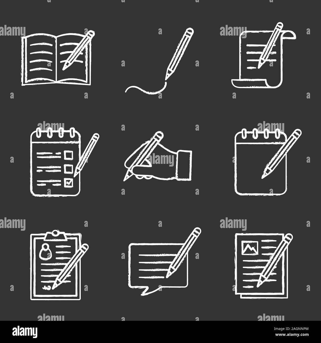 Writing with pencil chalk icons set. Handwriting. Notes, messages ...