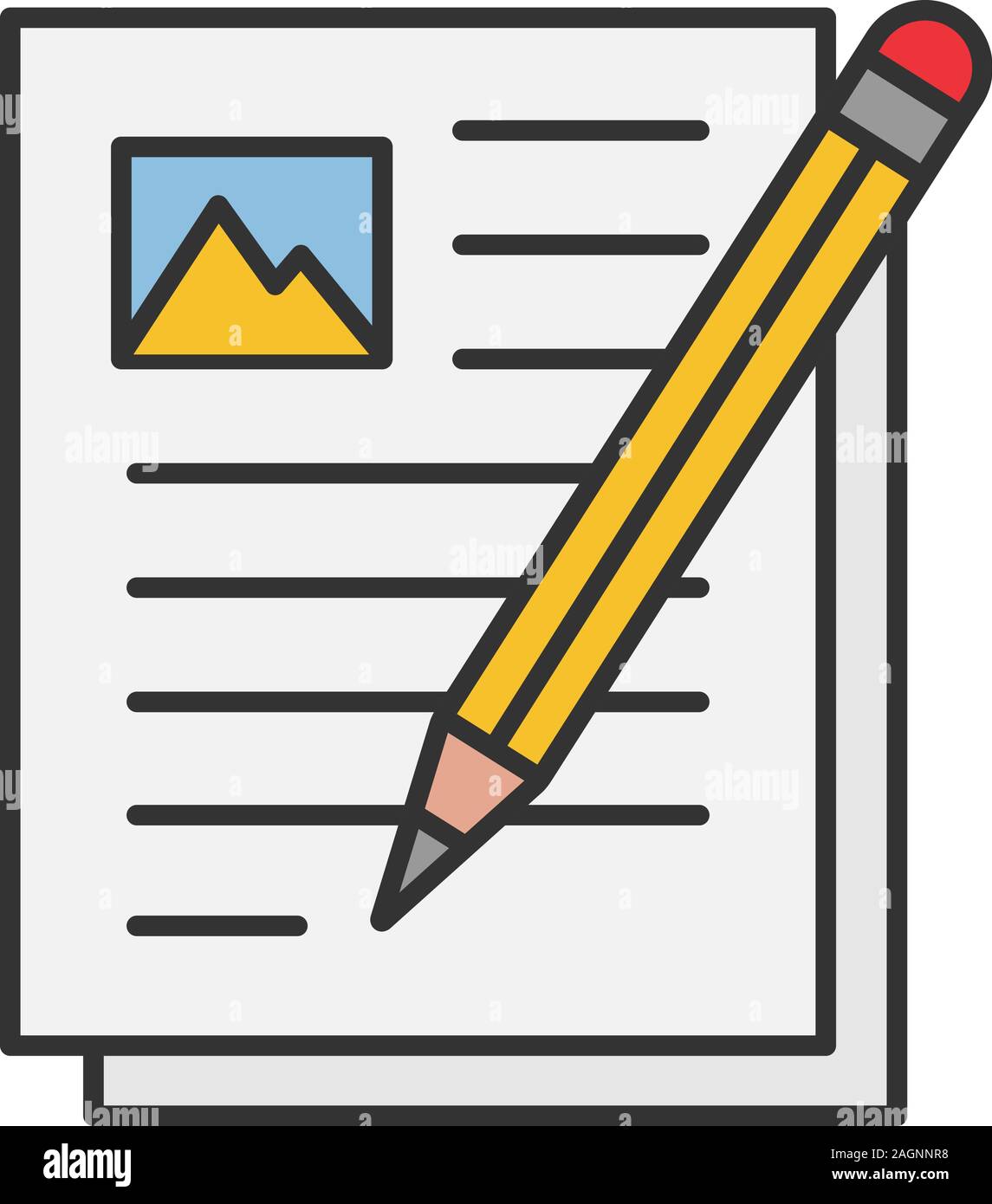 Writing essay color icon. Typing text. Document with pencil. Isolated ...