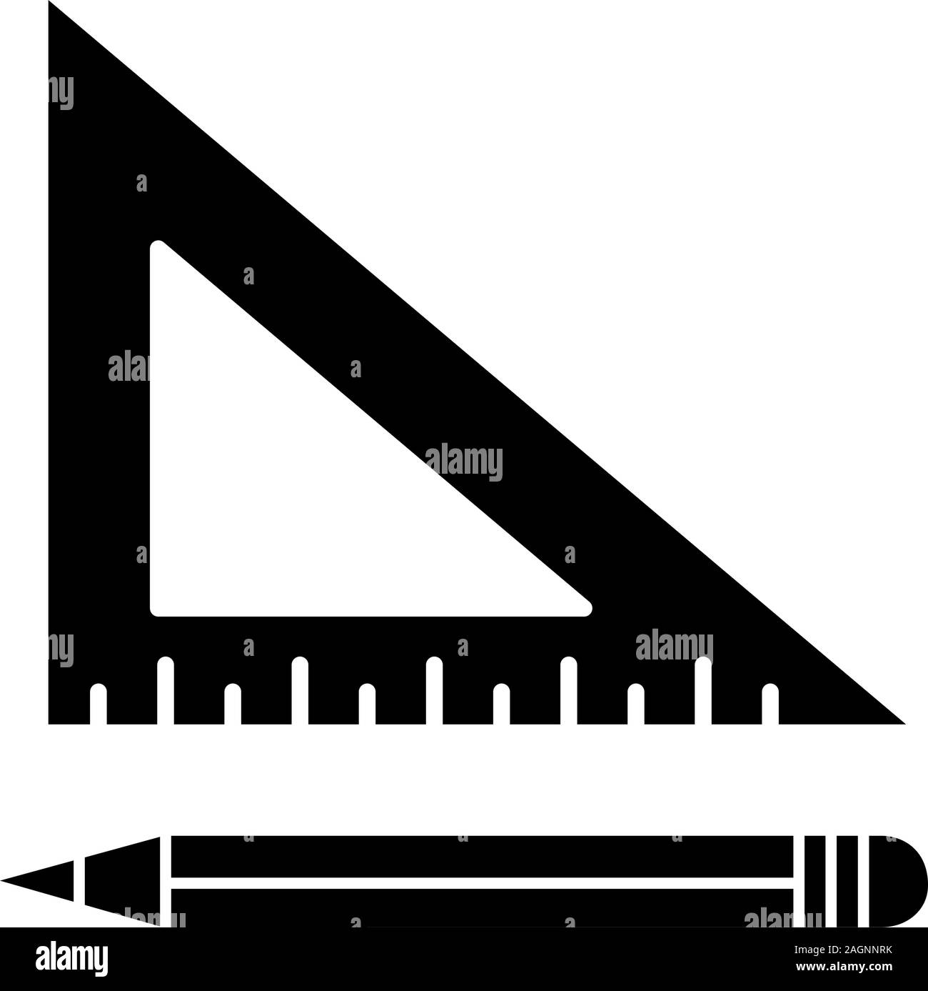 Triangular ruler with pencil glyph icon. Drafting. Silhouette symbol ...