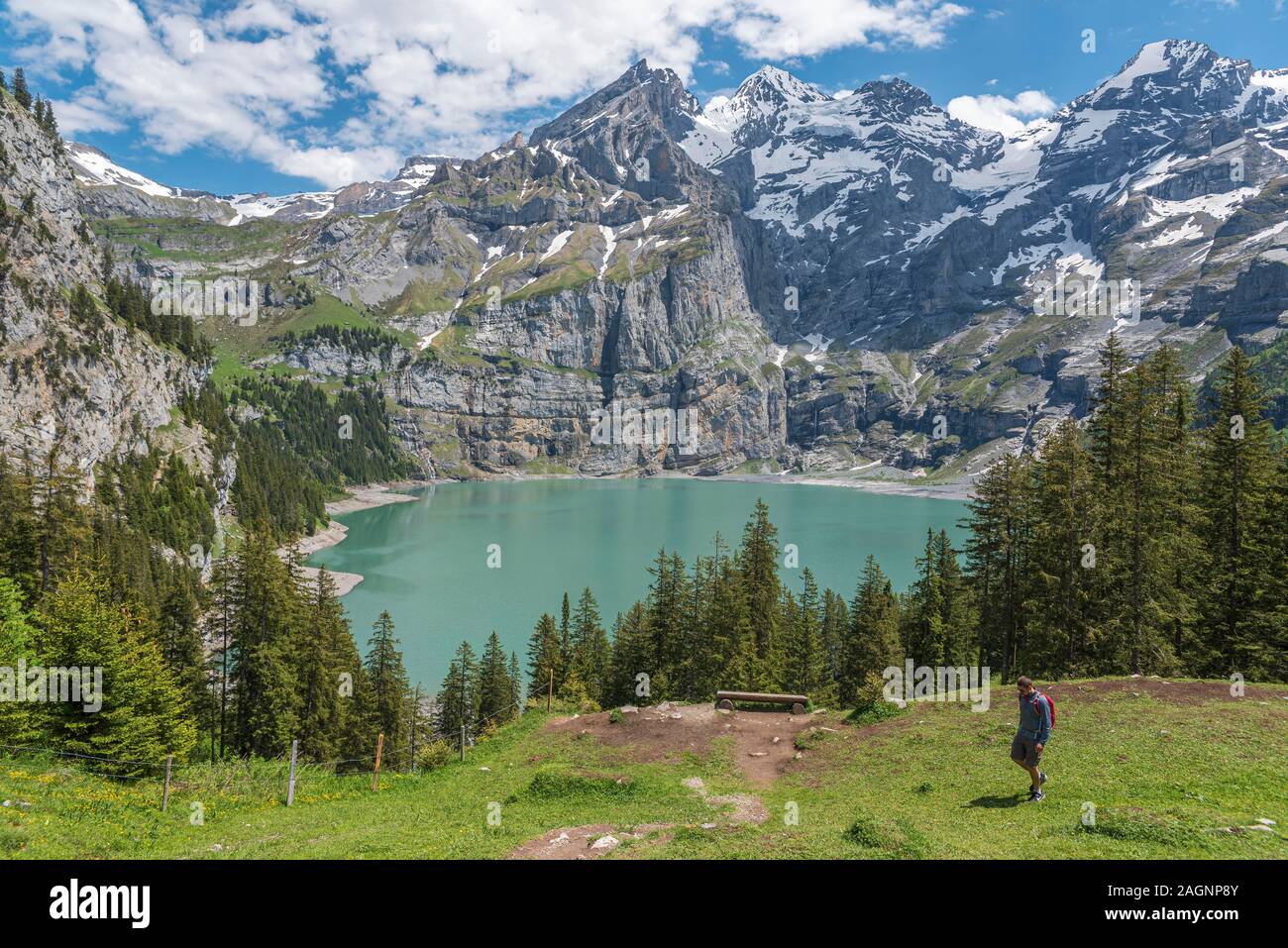 Mountain landscape with Lake Oeschinen and Blueemlisalp, Kandersteg ...