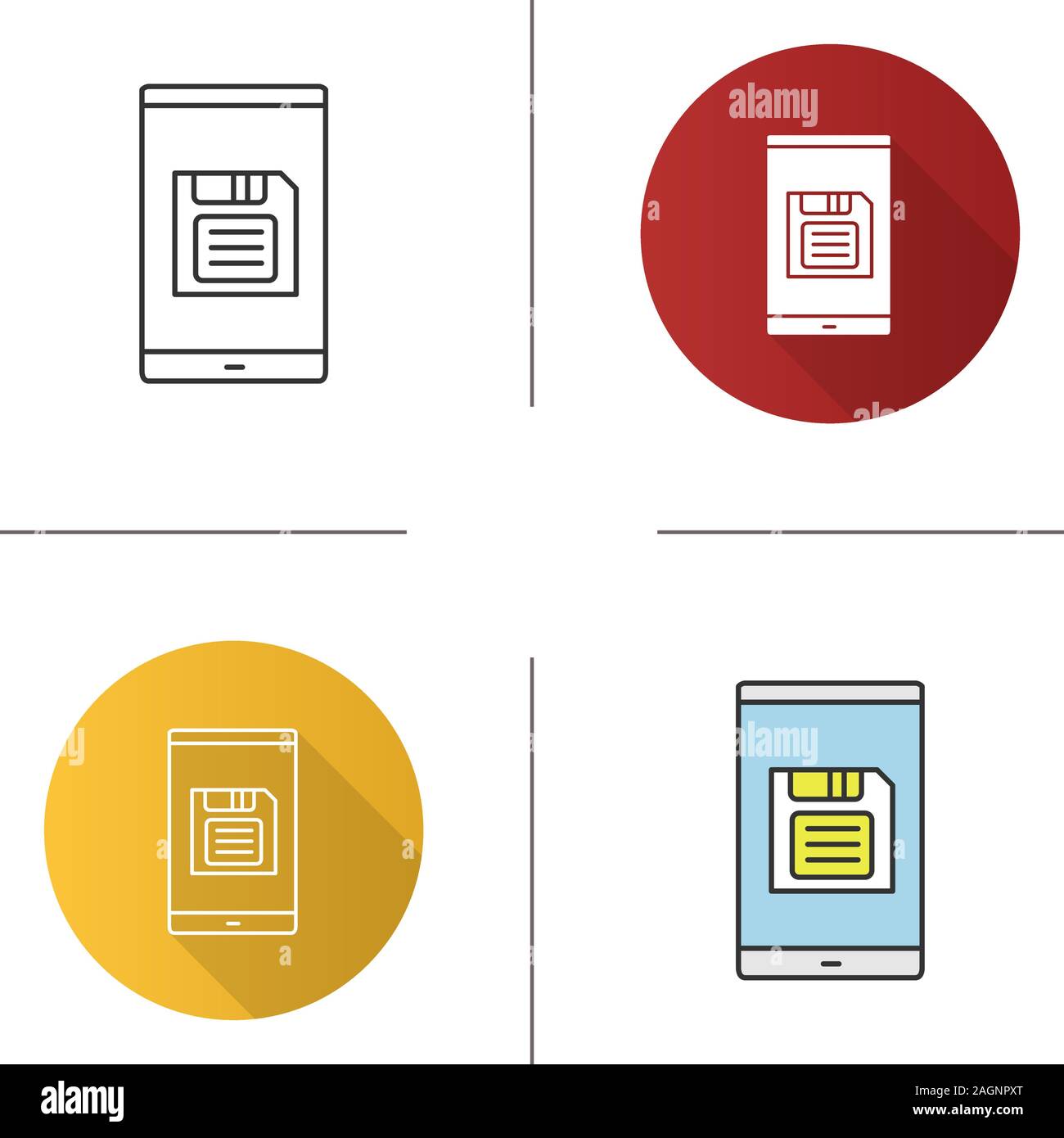 Smartphone screen with save button icon. Flat design, linear and color ...