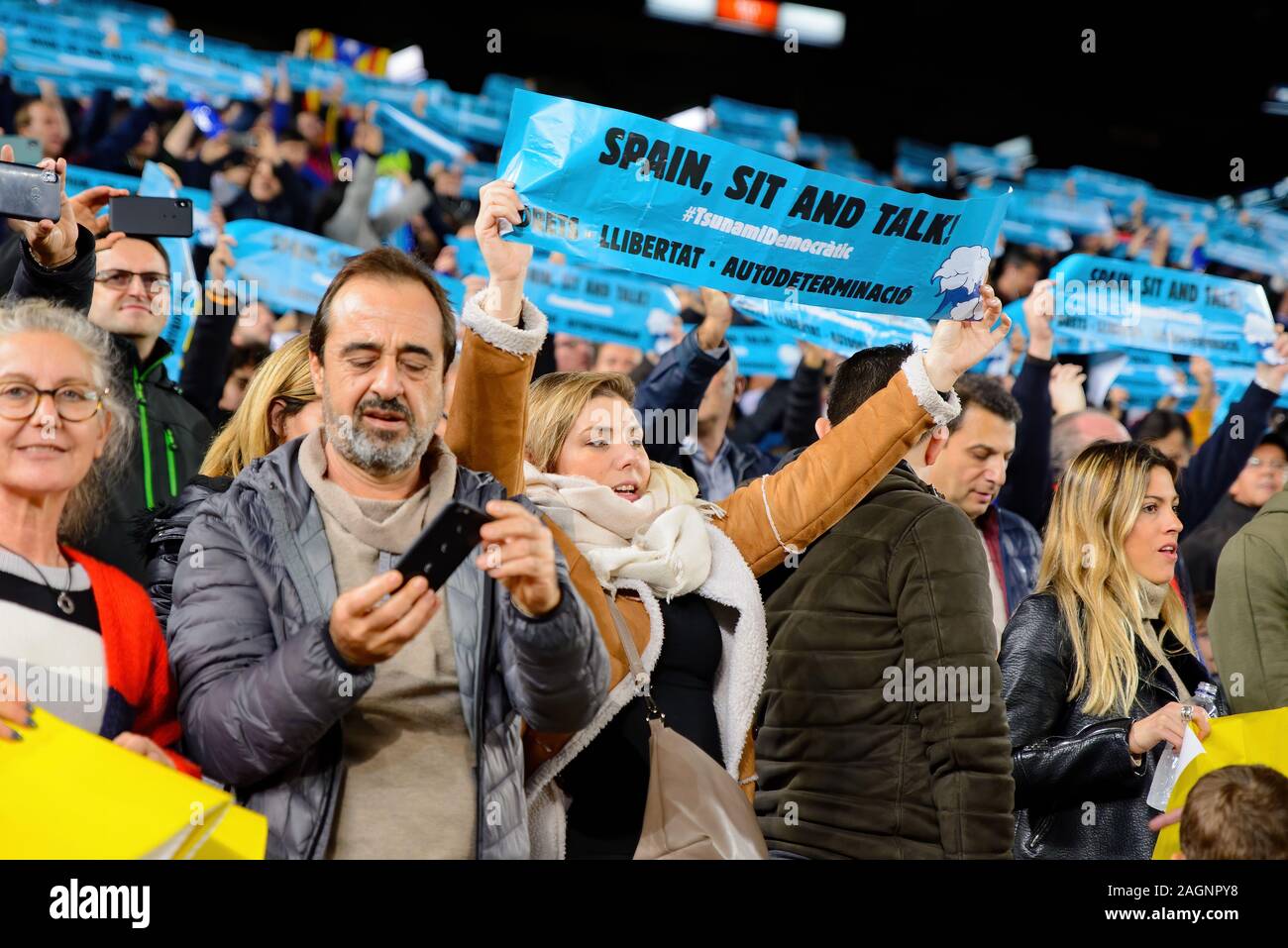 BARCELONA - DEC 18: A fan shows a banner pro Catalonia Independence at ...