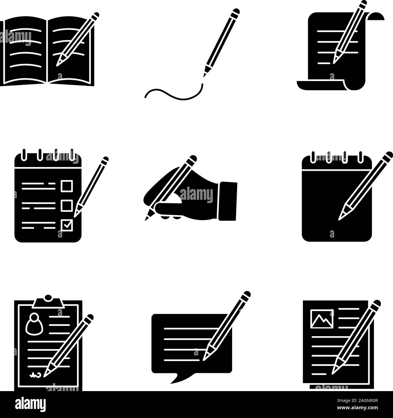 Writing with pencil glyph icons set. Handwriting. Notes, messages ...