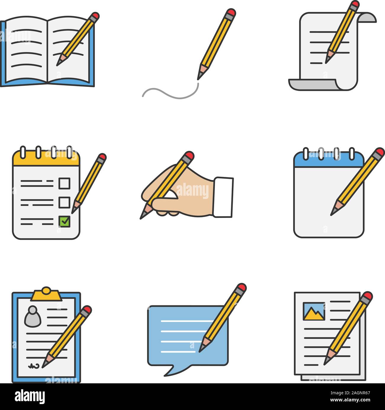 Writing with pencil color icons set. Handwriting. Notes, messages ...