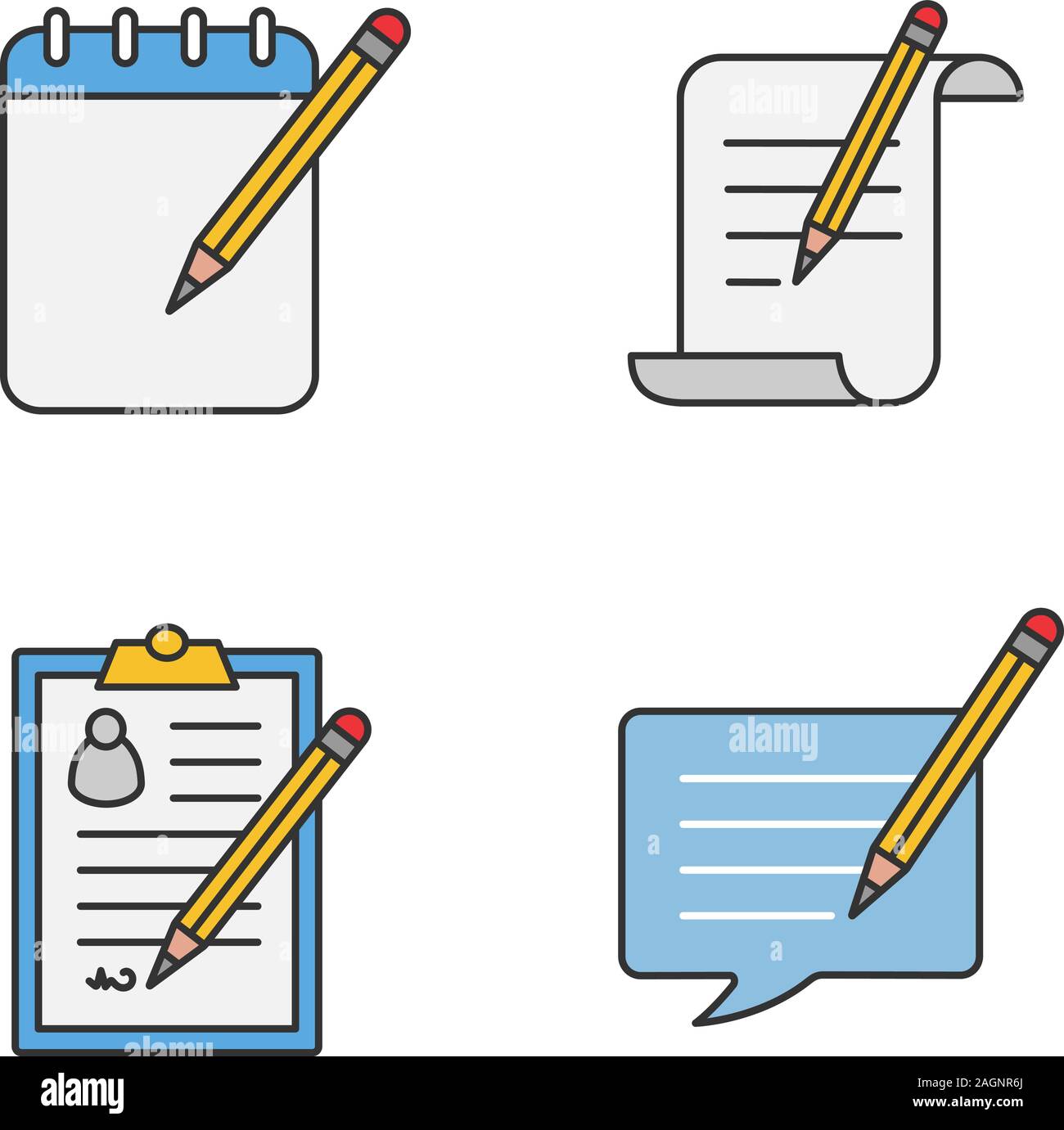 Writing with pencil color icons set. Paper scroll, notepad, signed ...