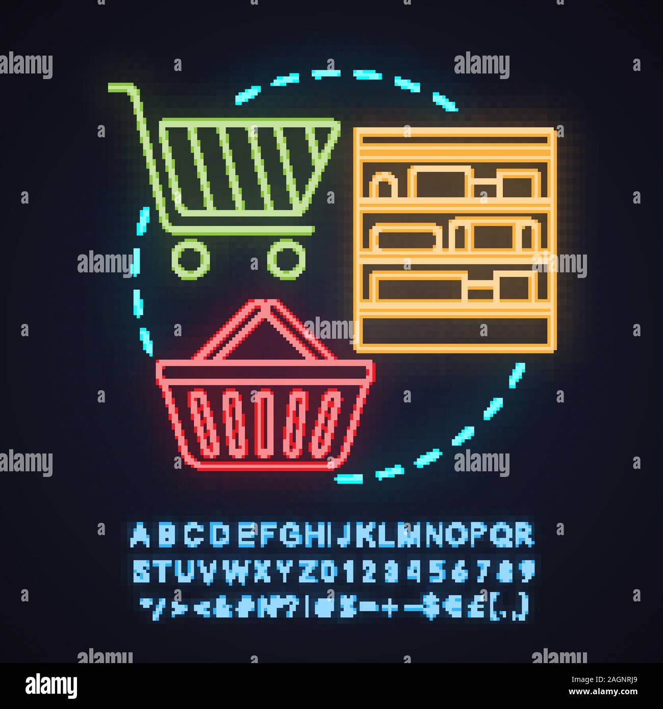 Grocery shop neon light concept icon. Doing purchases idea. Supermarket ...
