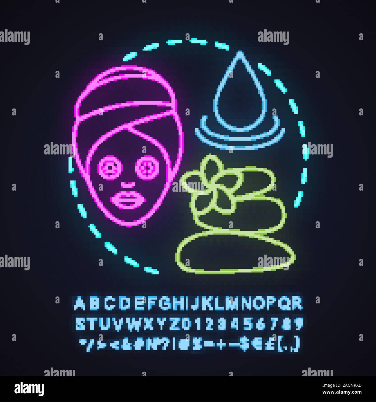 Spa salon neon light concept icon. Body care idea. Facial mask, stones ...