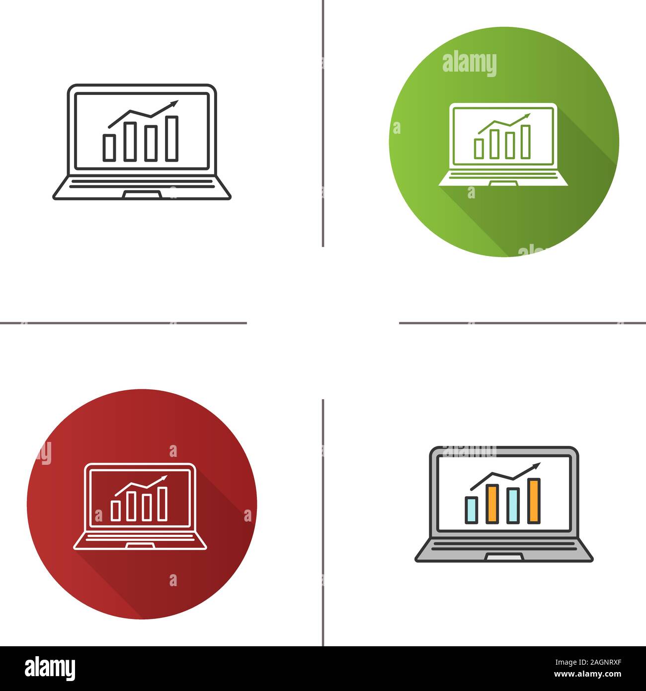 Statistics icon. Laptop display with market growth chart. Analysis ...