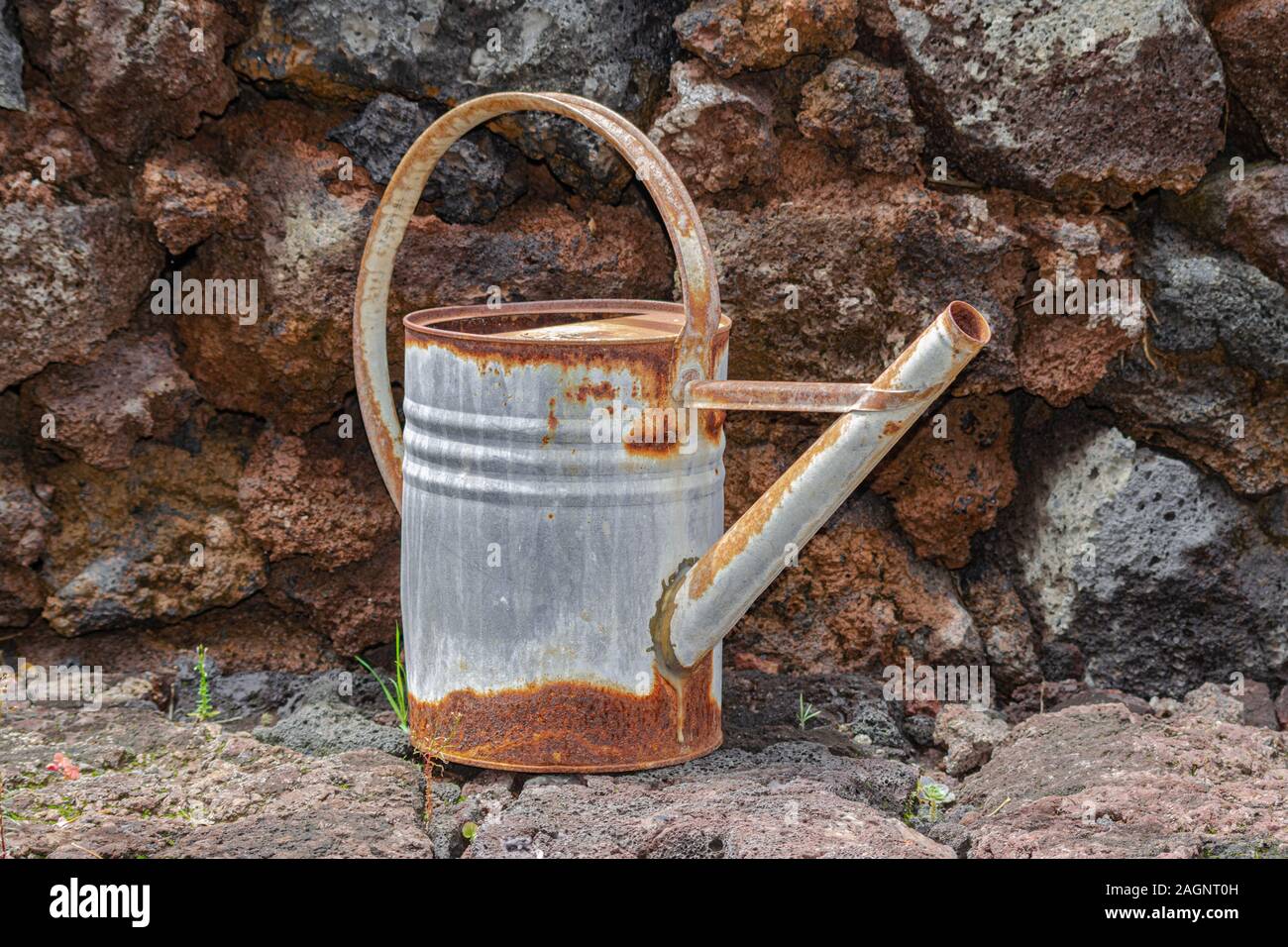 old rusted metallic watering can, with rocky wall background Stock ...