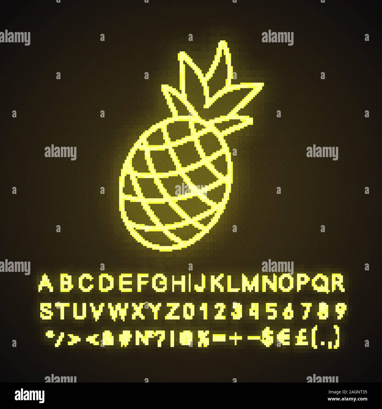 Pineapple neon light icon. Glowing sign with alphabet, numbers and ...