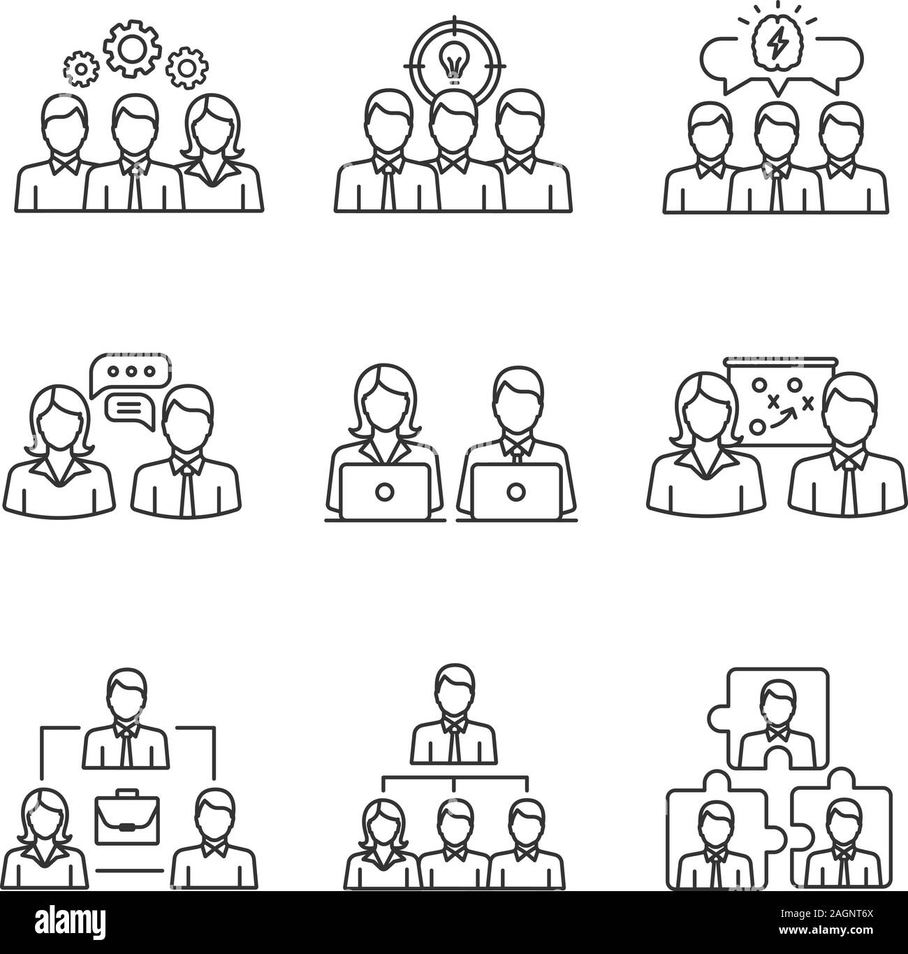 Teamwork linear icons set. Partnership. Staff management. Personnel ...