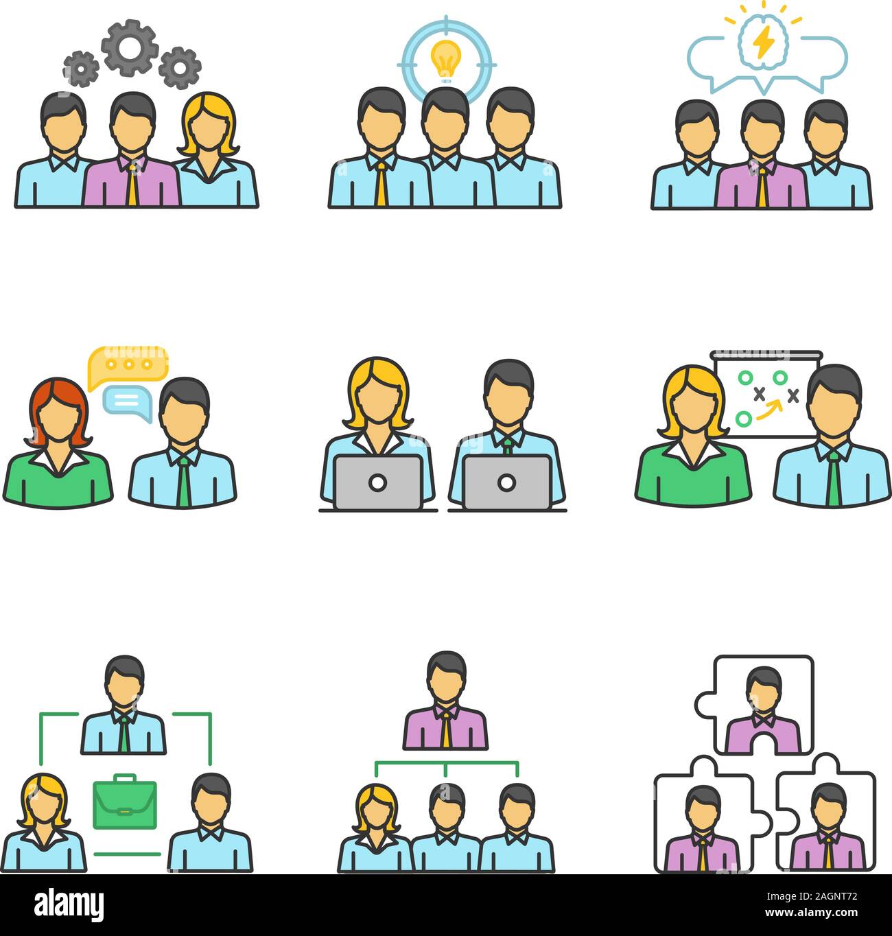Teamwork color icons set. Partnership. Staff management. Personnel ...