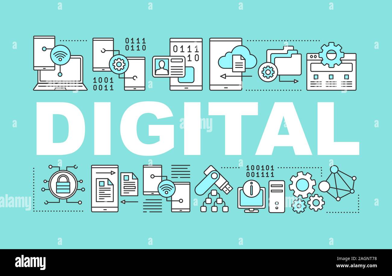 Digital technology word concepts banner. Computing. Smartphone data ...