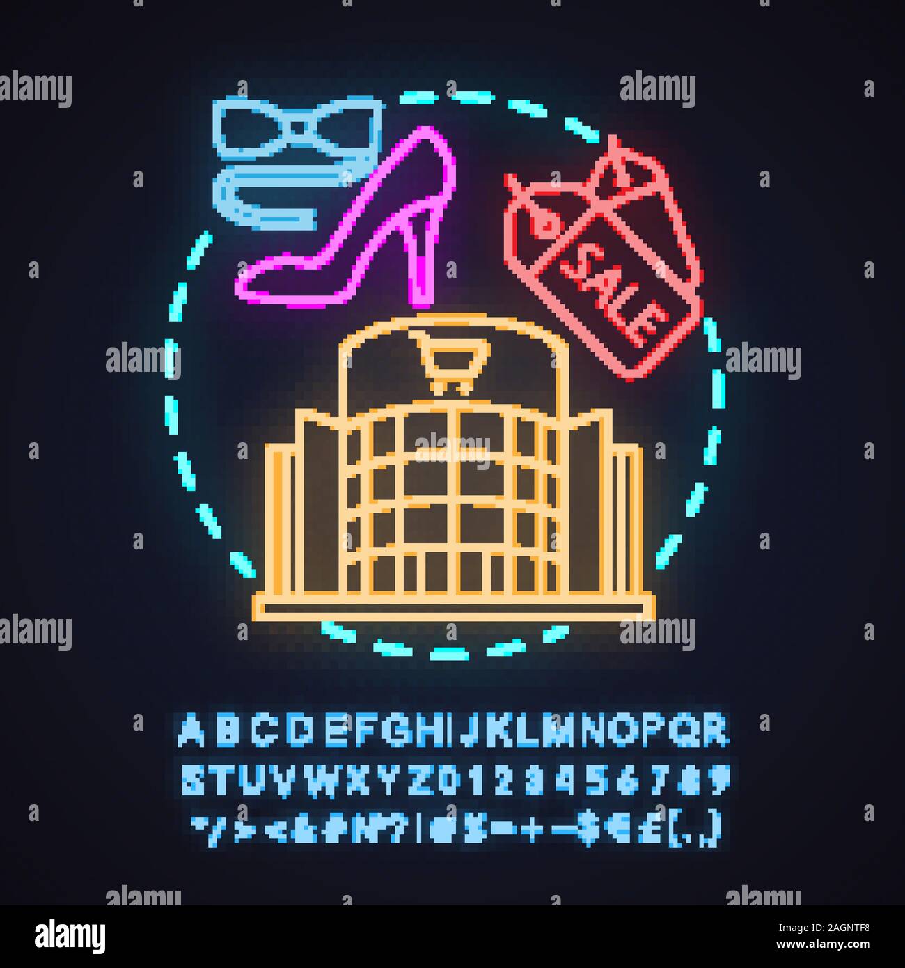 Shopping center neon light concept icon. Clothing store idea. Doing ...