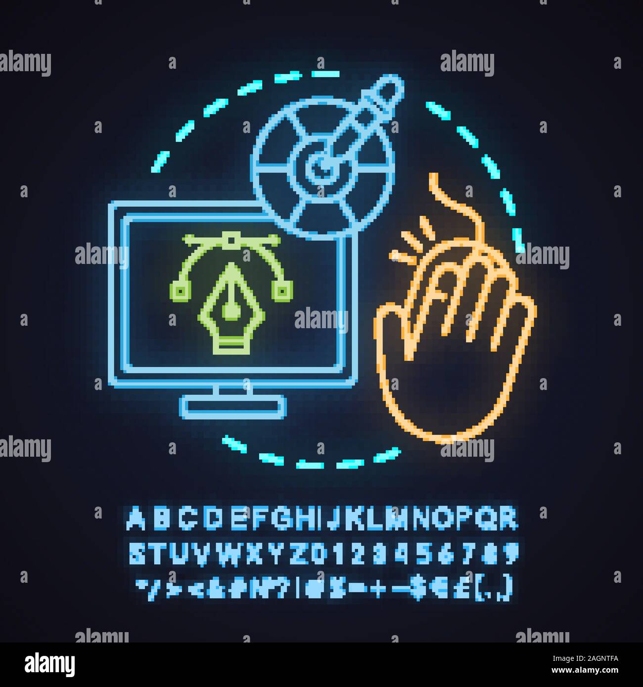 Computer graphic neon light concept icon. Art and design idea. Pen tool ...