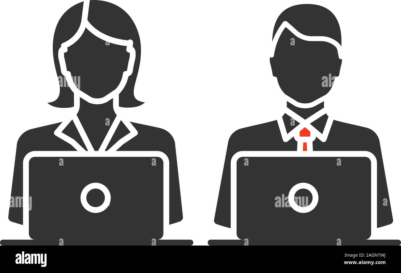 Coworking glyph icon. Office work. Freelancing. Colleagues working with laptops. Silhouette ...