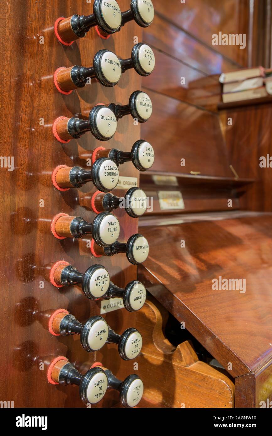 Pipe organ stops control hi-res stock photography and images - Alamy
