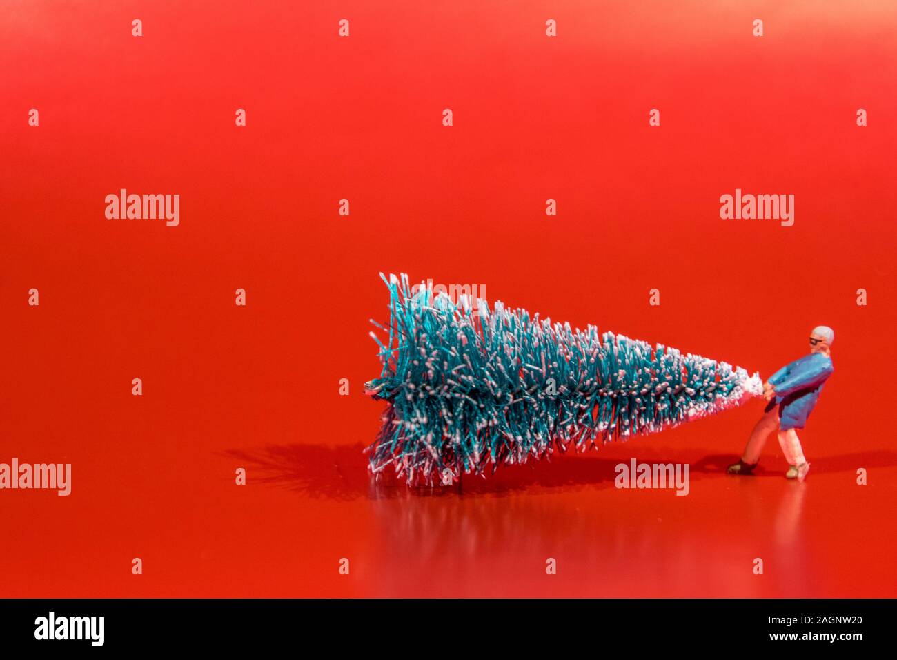 A small figure moving a Christmas Tree Stock Photo - Alamy