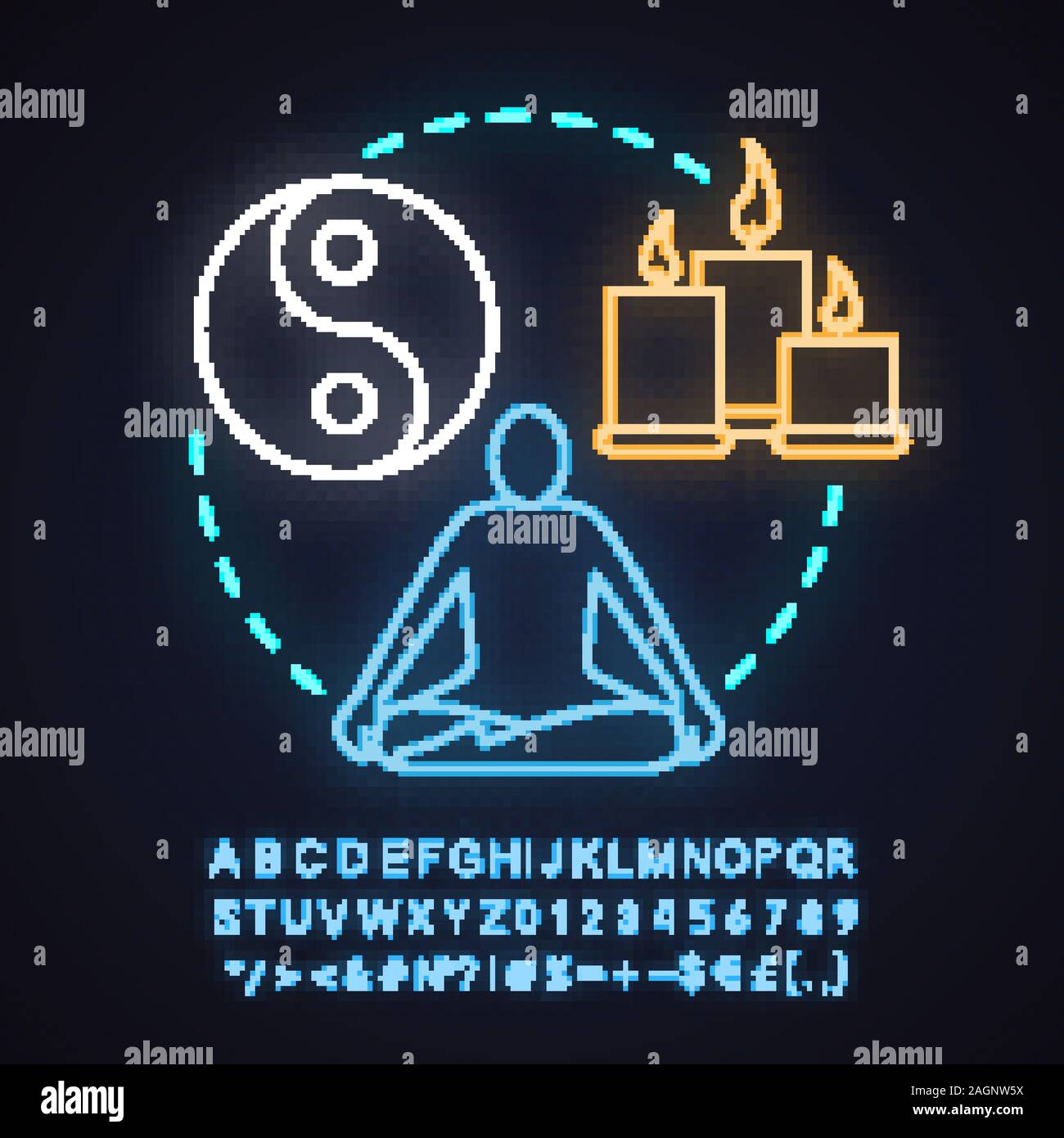 Yoga neon light concept icon. Meditation idea. Person in lotus position ...